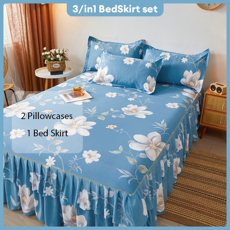 3in1 Bedsheet Set Flower Double Layer Garter Bed Skirt Cover + 2pc ...