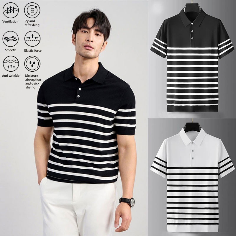 2025 Men's Korean Fashion POLO Shirt Short Sleeve Business Striped POLO ...