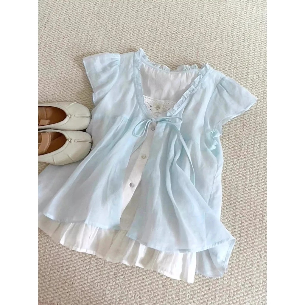 Korea Women Fashion retro loose short sleeve lace Fake two shirt blouse ...