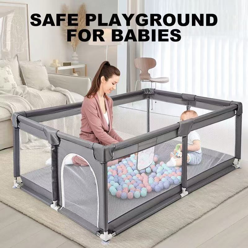 Secure indoor baby playpen with steel frame, foam padding, mesh ...