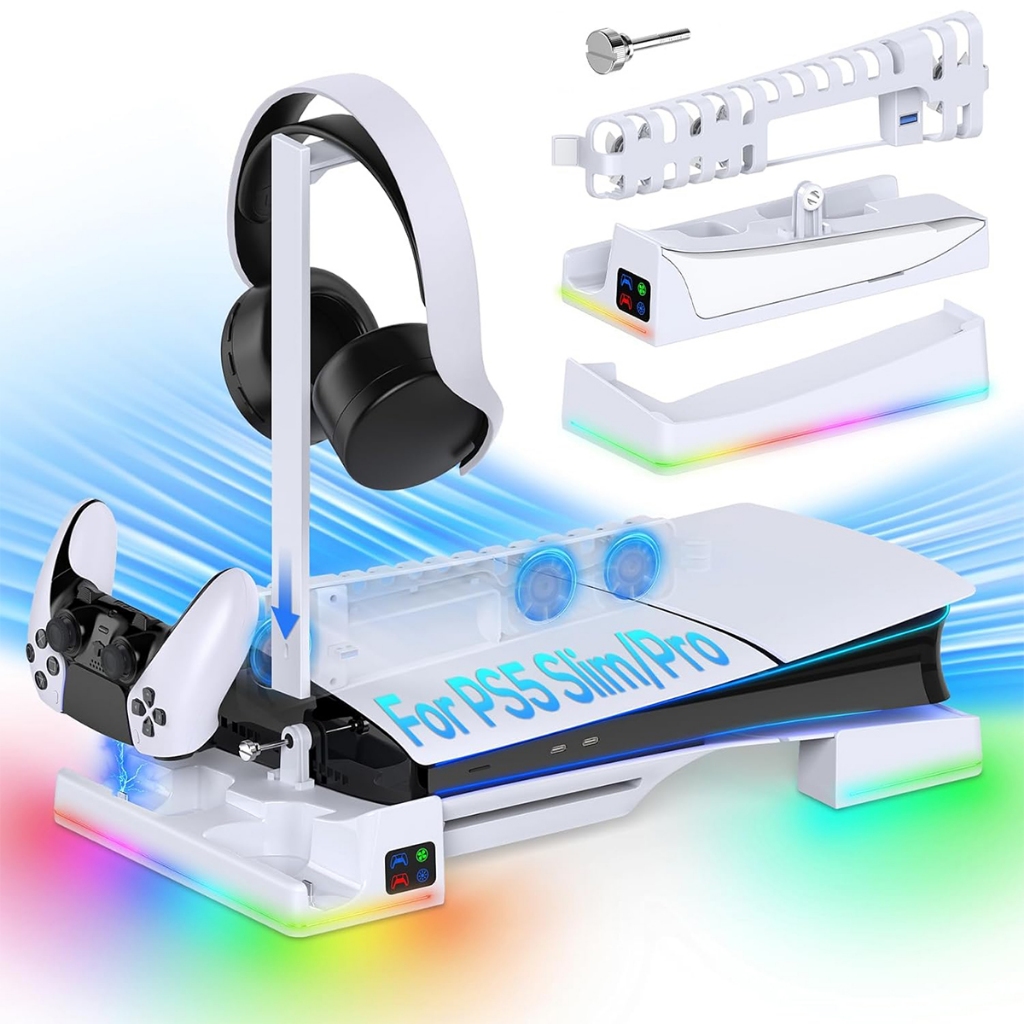 RGB Horizontal Cooling Station Stand for PS5 Slim / PS5 Pro Console ...