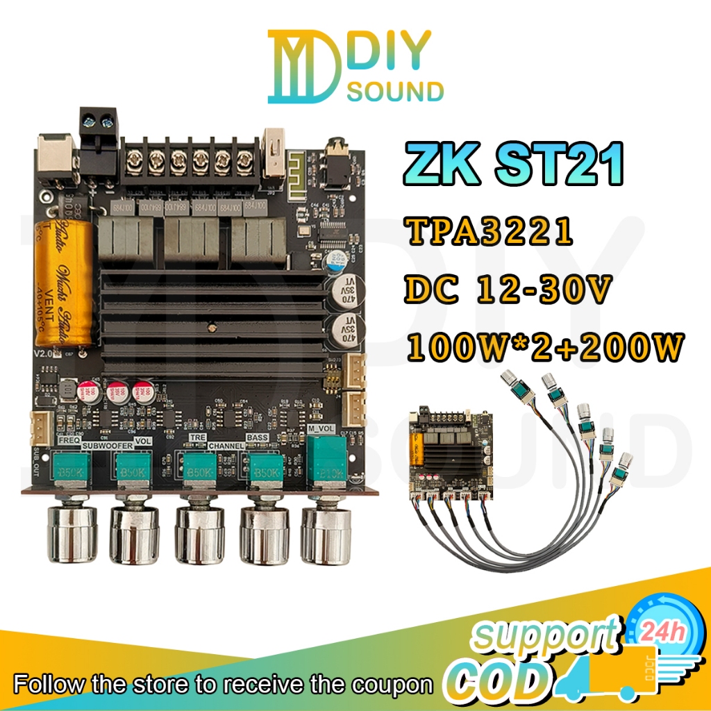 DIYSOUND Wuzhi ZK-ST21 Mini Amplifier TPA3221 2.1 Channel Bluetooth-compatible Amplifier Board ...