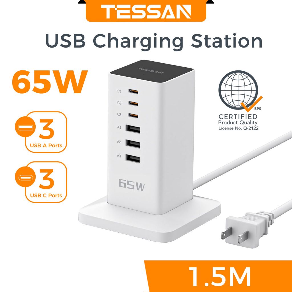 TESSAN 65W Charger Tower with USB (Type C), Fast Multi-Device Charging ...