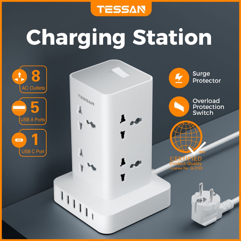 TESSAN Extension Outlet Socket Plug with Switch USB+TypeC Ports,16A ...