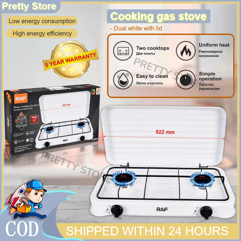 Dual gas stove with lid powerful fire uniform heat white home cooker ...