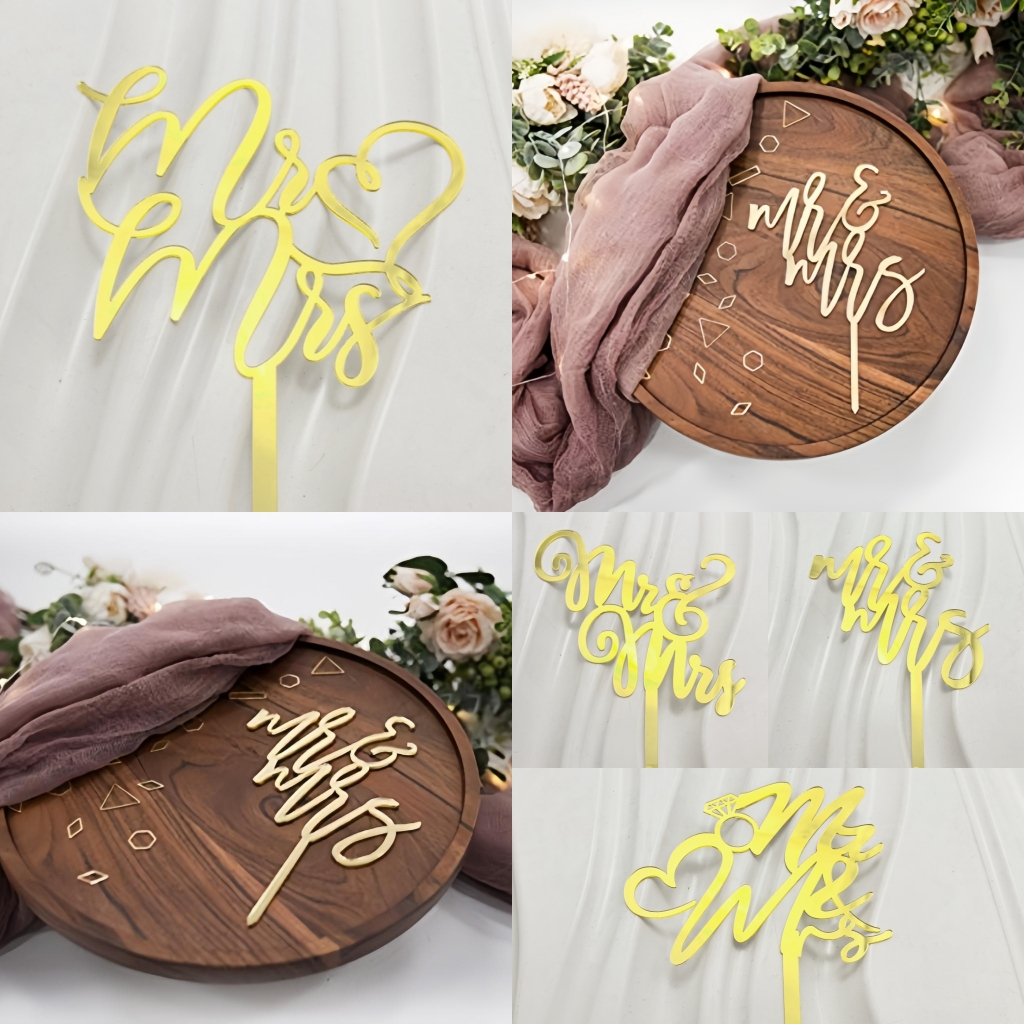 10 Pieces Mr & Mrs Acrylic Cake Topper, Cursive Font Happy Wedding Cake ...