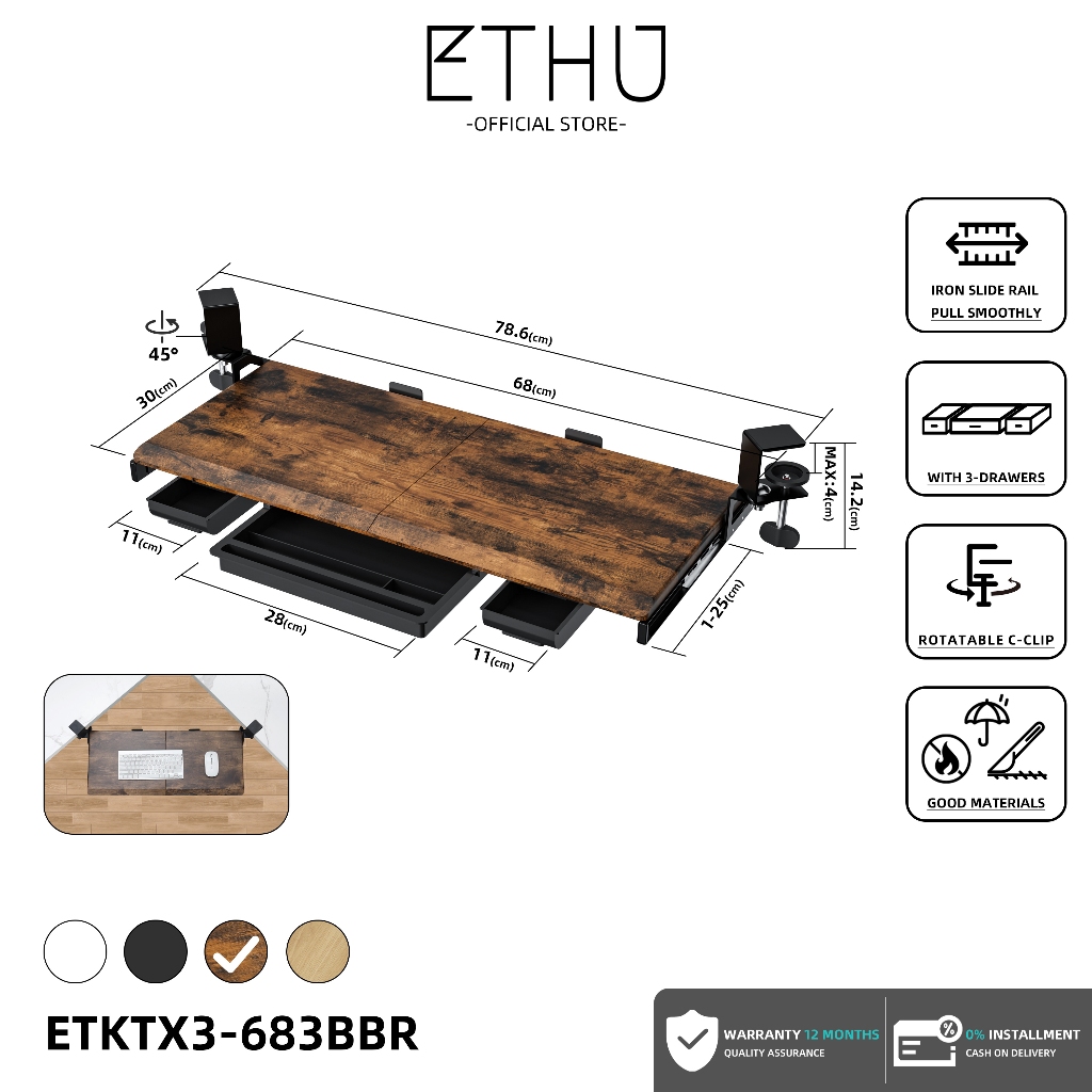ETHU 3-drawer under-desk sliding keyboard tray 68×30cm, rotatable 45° C ...