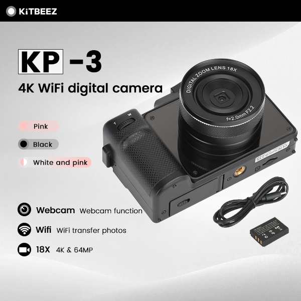 KiTBEEZ KP-3 Retro 4K Camera 56MP Resolution 18X Digital Zoom WiFi ...