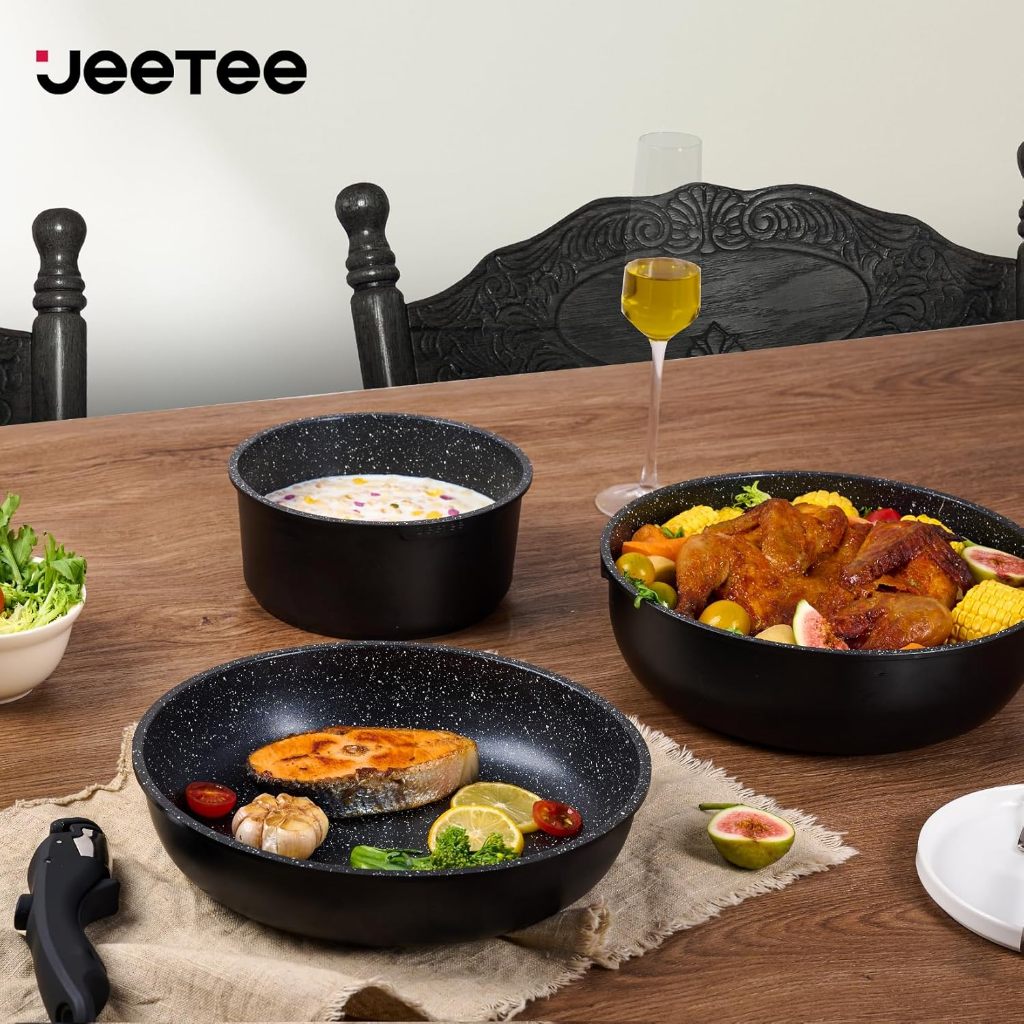 JEETEE 【Handle Removable】 Cookware Set 17 Pcs Granite Coating Frying ...