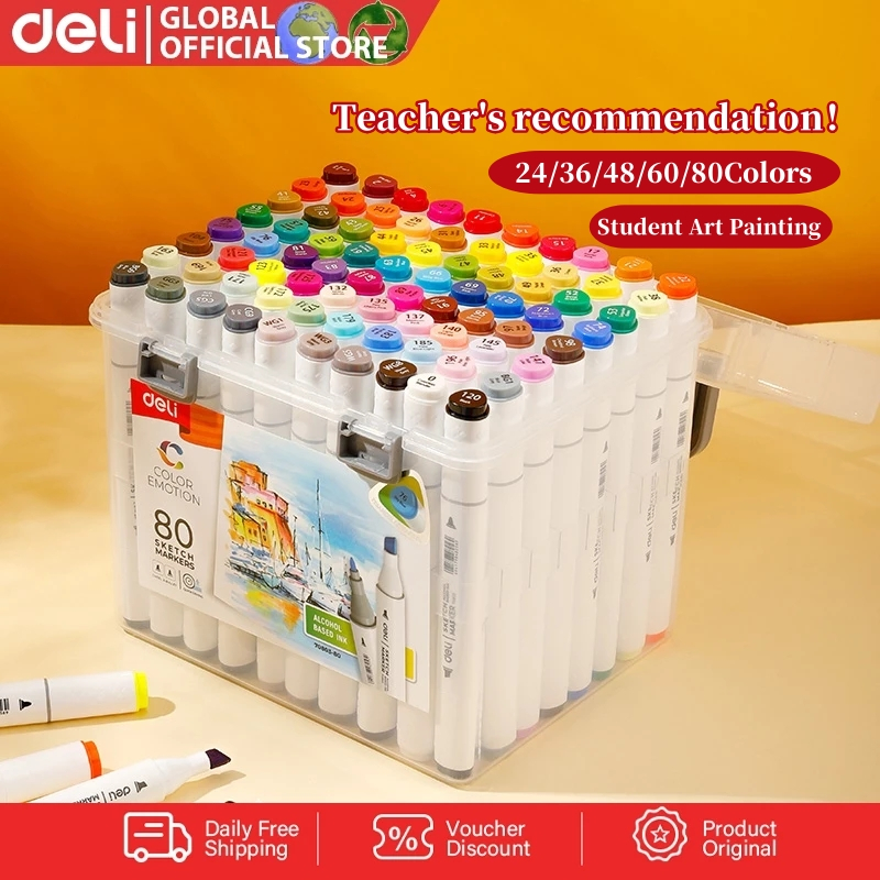 Deli 12/24/36/48/60/80 Color Marker Alcohol Triangle Markers Set Color ...