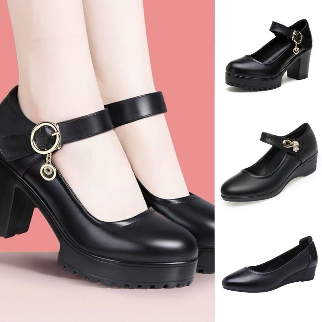 Korean Fashion High Heels Leather Shoes for Women Formal Work Chunky ...