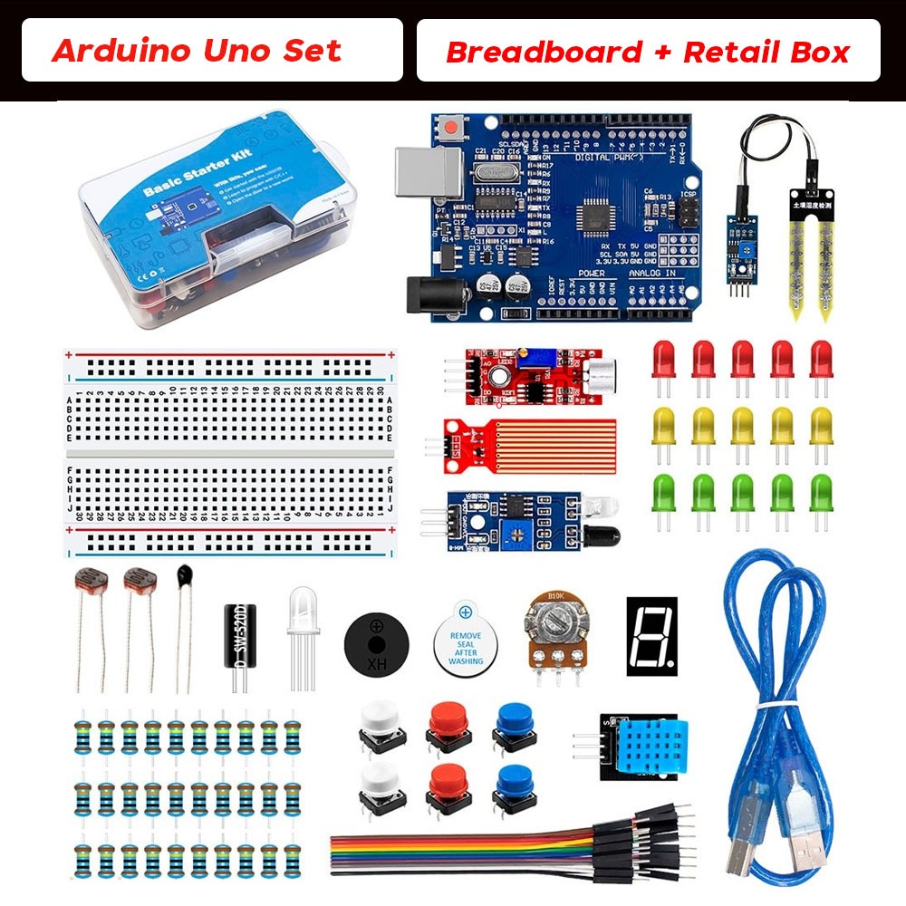 Basic Starter Kit for Arduino UNO R3 with Tutorial, Code, Breadboard, Jumper Wire, LED Diodes ...