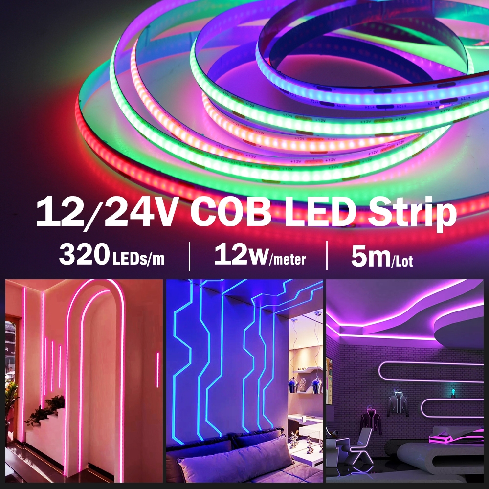 5M COB LED Strip DC12V 24V 320LED/m White / Warm White / Red / Blue ...