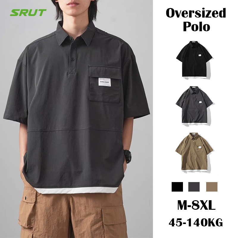 SRUT【COD M-8XL】Summer Oversized Pocket American Vintage Polo Shirts Button Loosed PoloShirts for ...