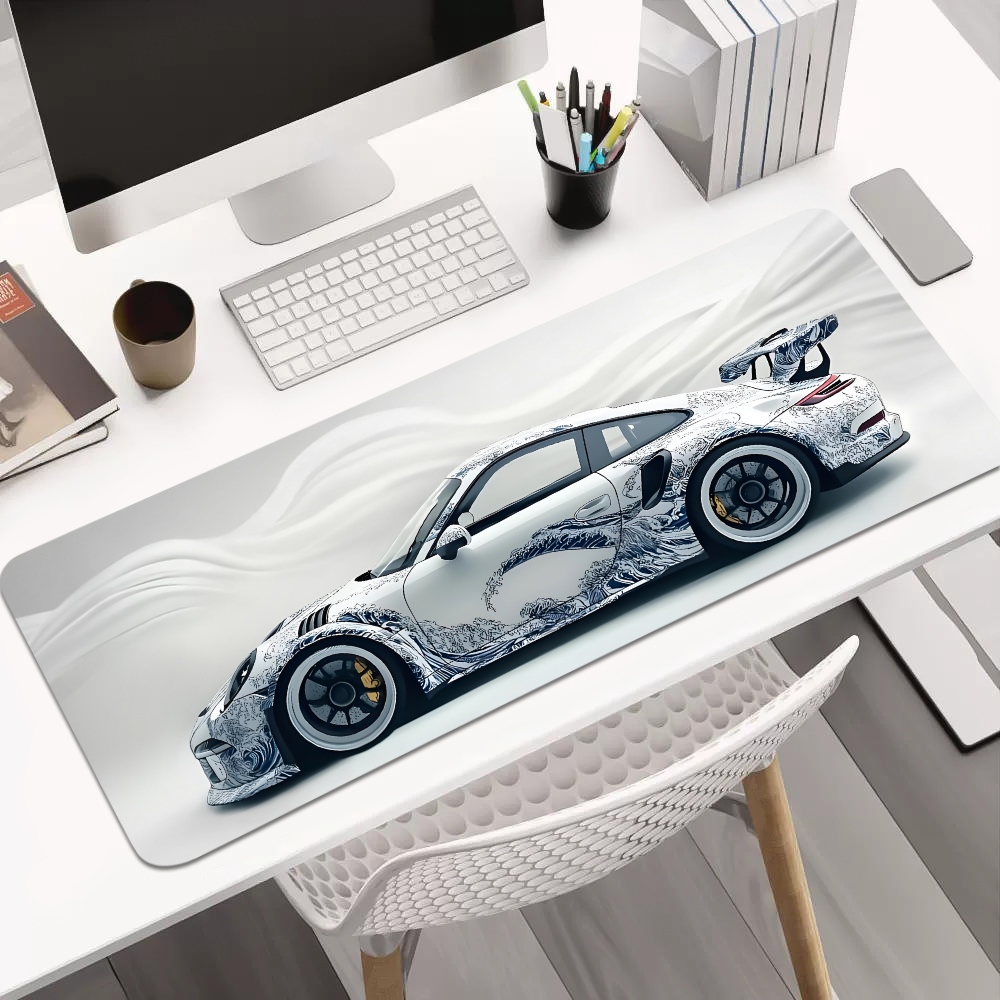 White Ukiyo-e Style Sports Car Mouse Pad, Large Gaming Mouse Mat with ...
