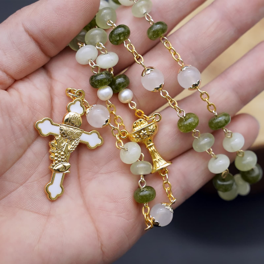 Catholic Necklace-Rose Rosary-Green Gradient Chalcedony-Sage-5x8mm ...