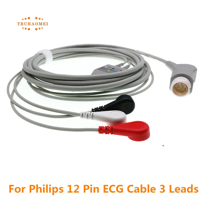 For Ph-ili-ps ECG Cable 12 Pin One Piece 5 Leadwires or 3 Leads Snap or ...