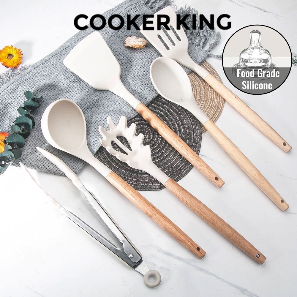 COOKER KING 6pcs Silicone Kitchen Utensils Wooden Handle Slotted Non ...