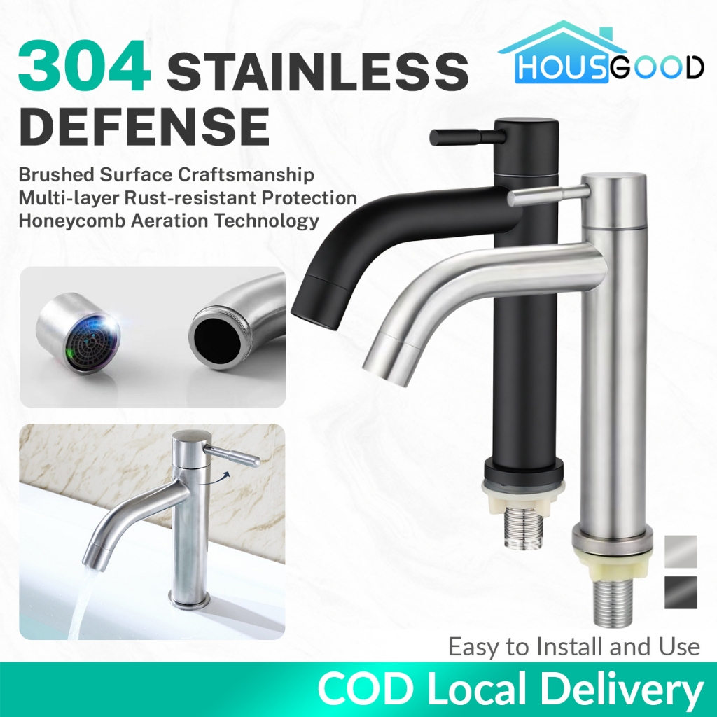 [HOUSGOOD] Basin Tall Faucet SUS304 Stainless Steel Bathroom Wash Basin ...