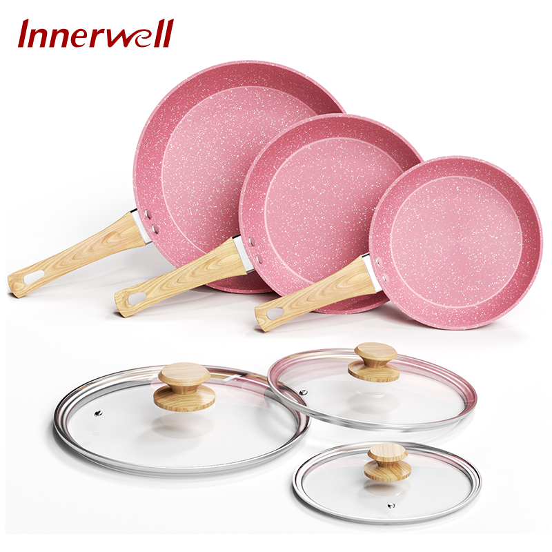 Innerwell Pink Non Stick Frying Pan Set (6PCS) With lid, PFOA Free Non ...