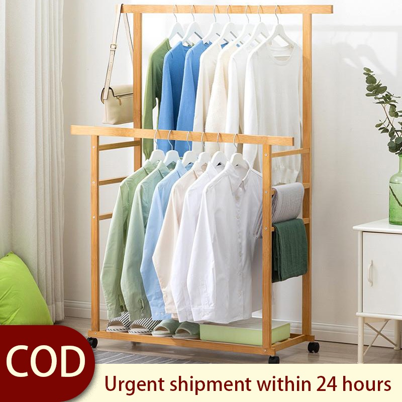 Clothes Rack Drying Rack With Wheels Moveable Wooden Clothes Hanger ...