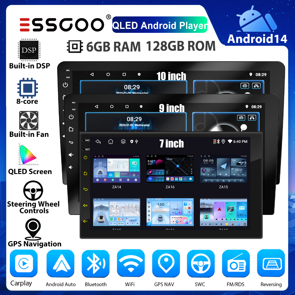 ESSGOO 6+128GB Octa-core Android 14 Carplay Android Auto 7" 9" 10" 2 Din Car MP5 Player QLED ...