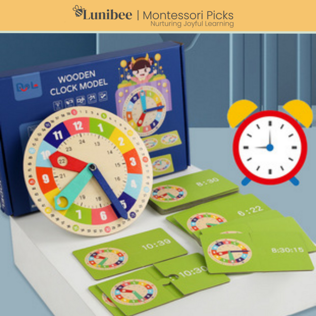 Wooden Learning Clock Toy with Flash Cards – Educational Time-Telling ...