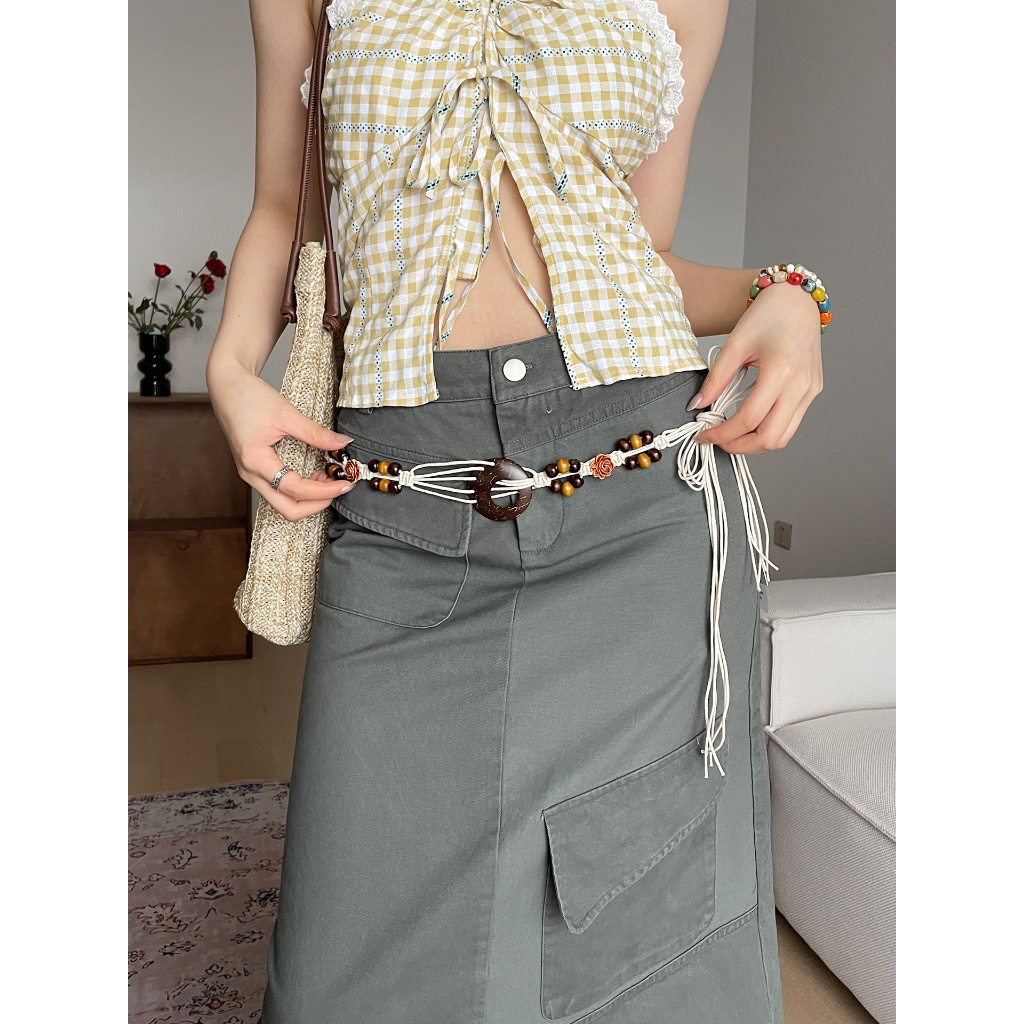 Retro Ethnic Style Dry Rose Beaded Waist Rope Female Niche Design Dress ...