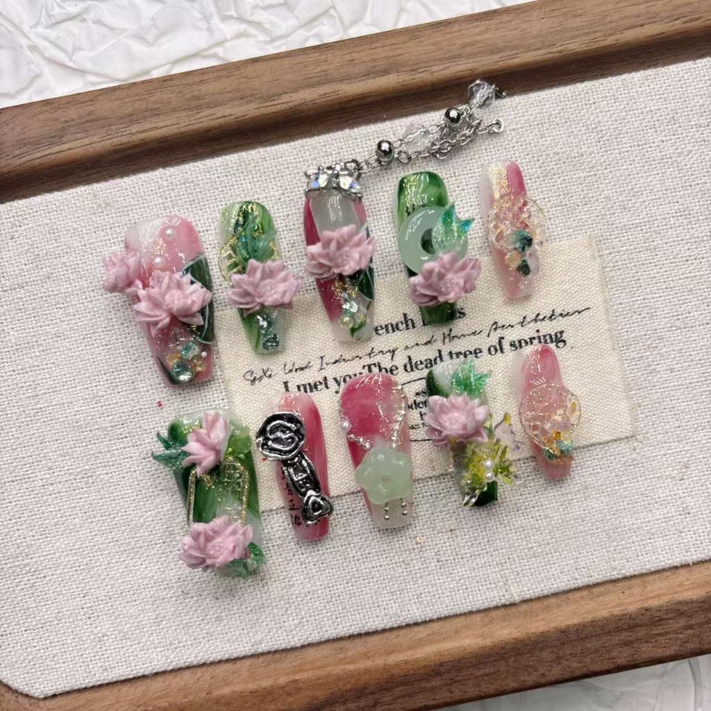 Pink Lotus New Chinese Style Chinese Style Manicure Handmade Wearing ...