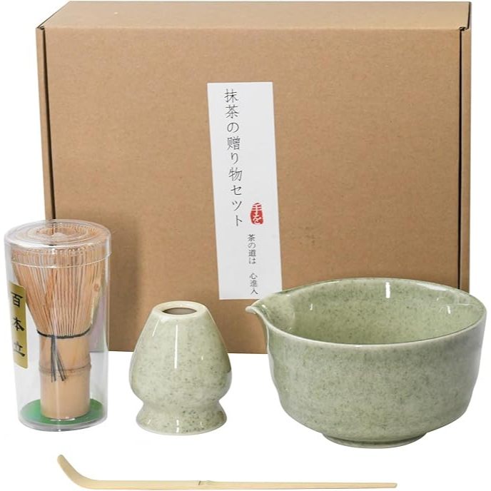 Matcha Whisk Set - 4PCS Kit for Tea Ceremony, with Handcrafted Bamboo Whisk Scoop Stand Bowl ...