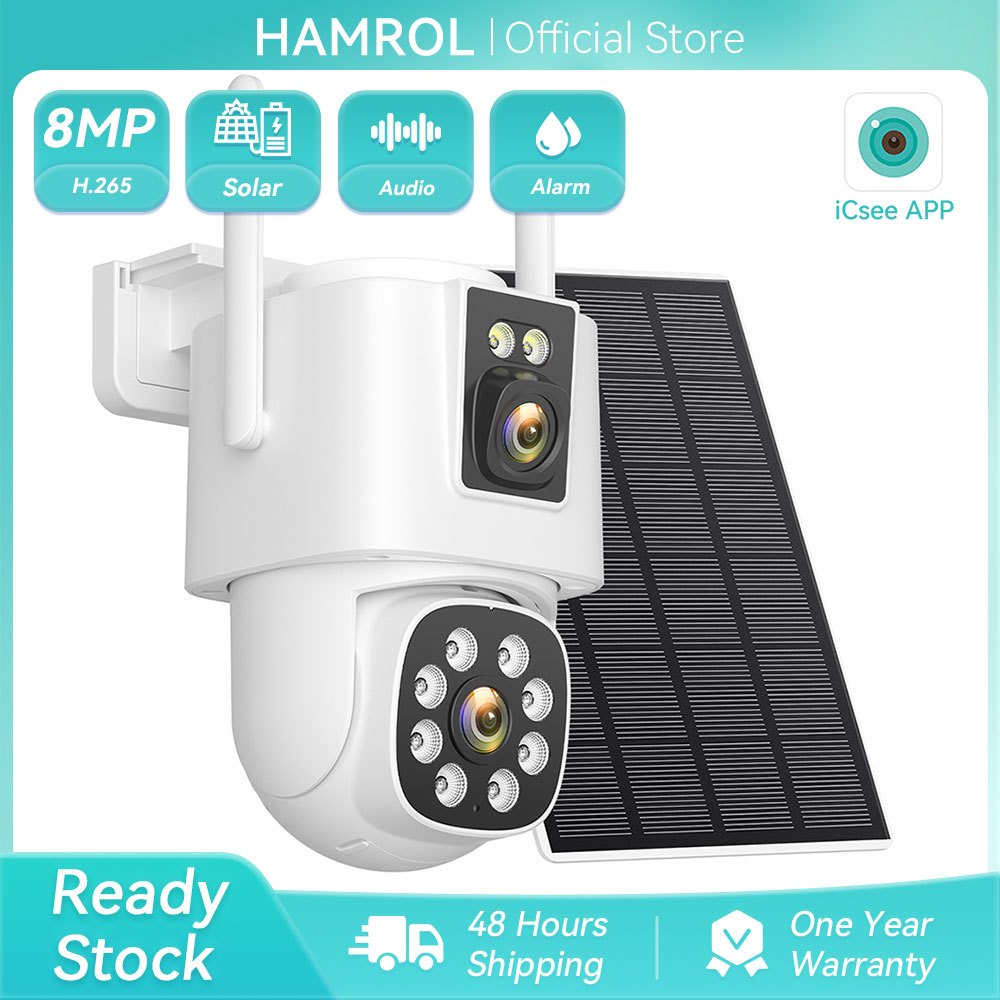 Hamrol 4k 8MP Dual Lens Dual Screen AOV PTZ WiFi Solar Battery Camera AI Human Detection Outdoor ...