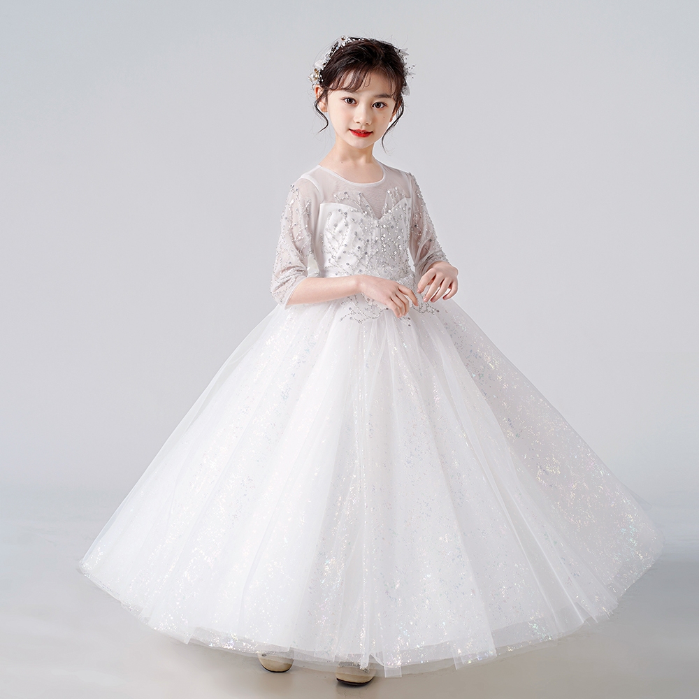 2 Colors Girls Palace Style Long Princess Dresses Kids Lace Sleeve Prom ...
