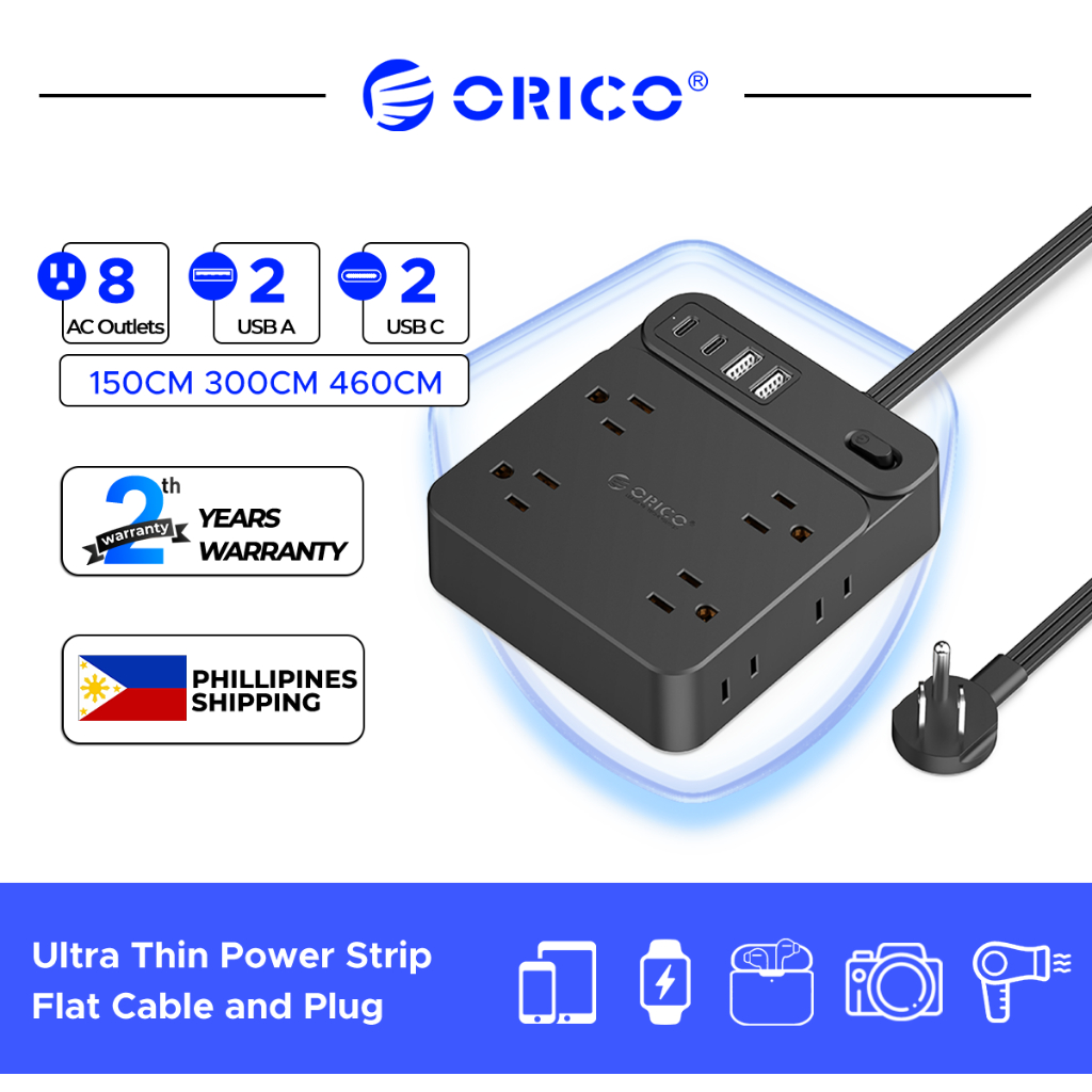 ORICO Extension Cord with 2 USB 2 Type C Ports 8 Gang Ultra Thin Flat ...