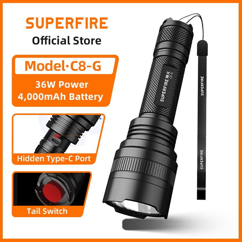 SUPERFIRE C8-G 36W Rechargeable Torchlight Telescopic Zoomable 5 Light Modes Ultra Bright ...