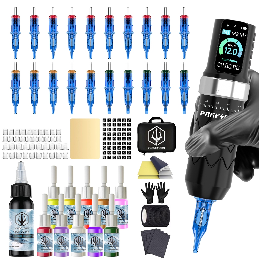 POSEIDON Tattoo Pen Kit-Wireless Tattoo Machine with 7 Strokes Length ...