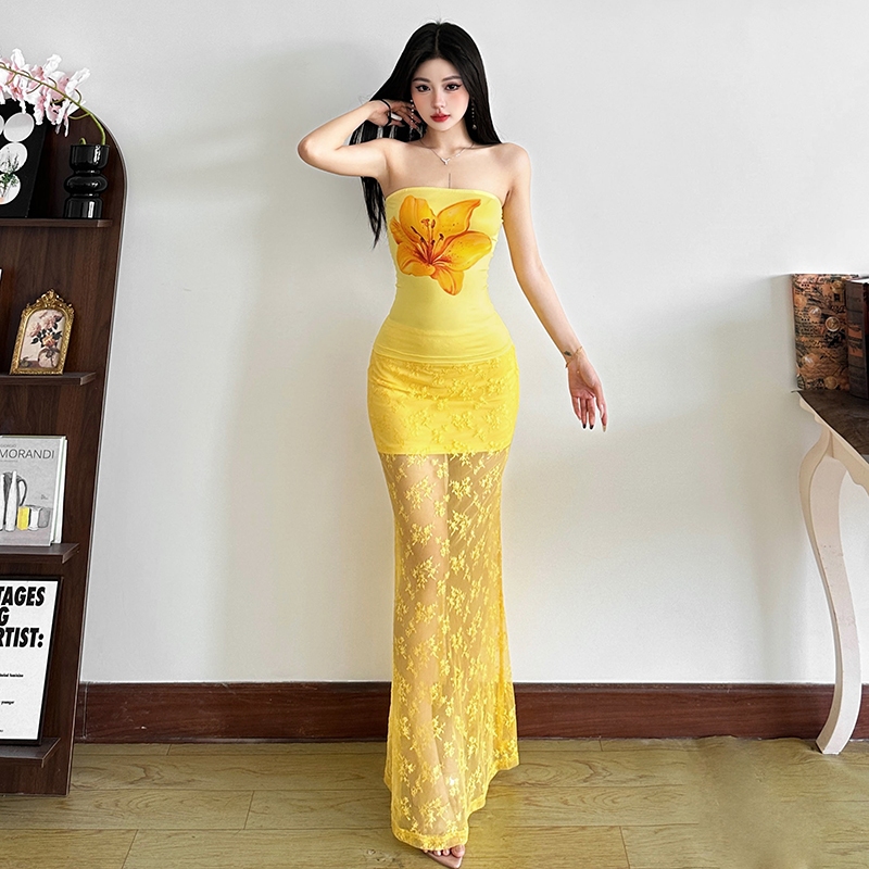 Cutenew Sweet Two-Piece Set Print Off Sleeves Strapless Vest+Lace High ...