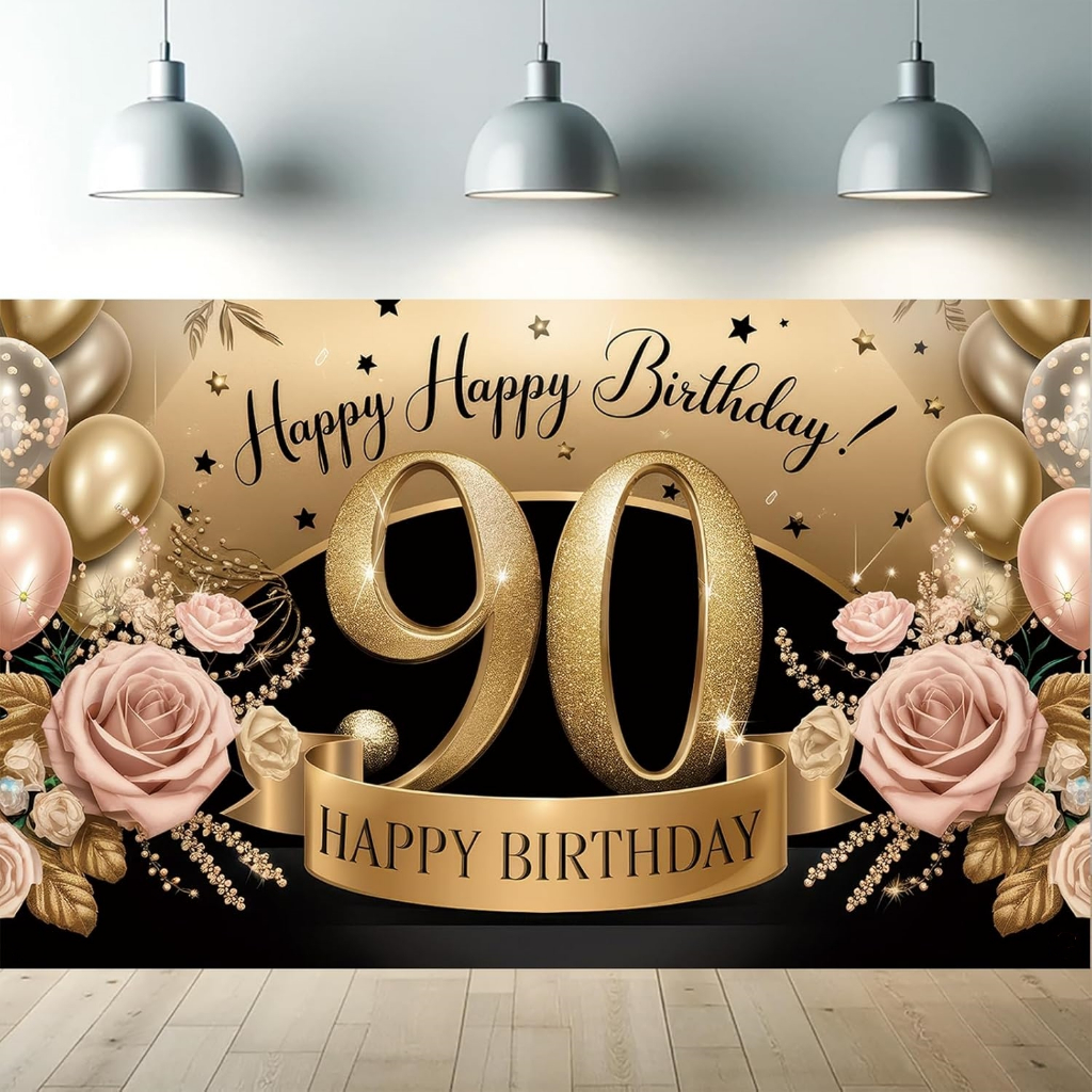 Happy 90th Birthday Photography Backdrop Gold Black Rose Photography ...