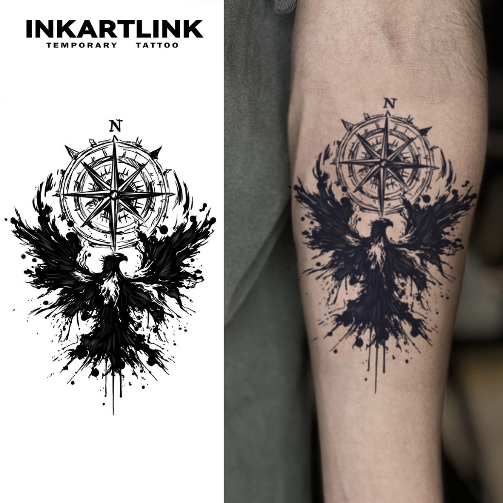 Inkartlink Compass Eagle Temporary Tattoo Stickers, Waterproof Long-lasting Magic Tattoo Sticker ...