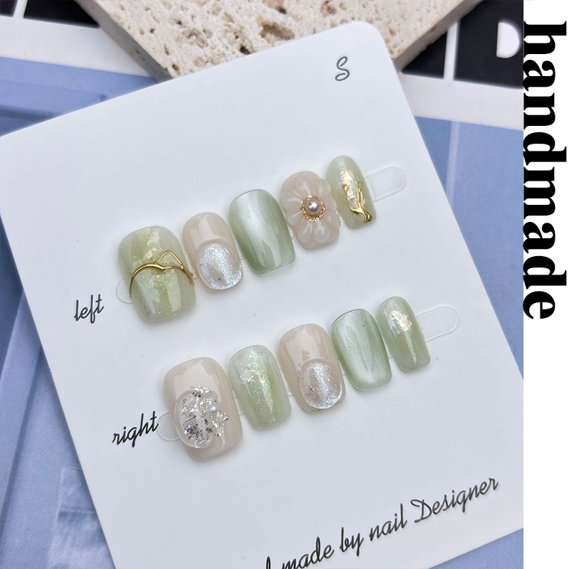 Press on nails handmade [Green Lifting Milk Green] handmade Wearing ...