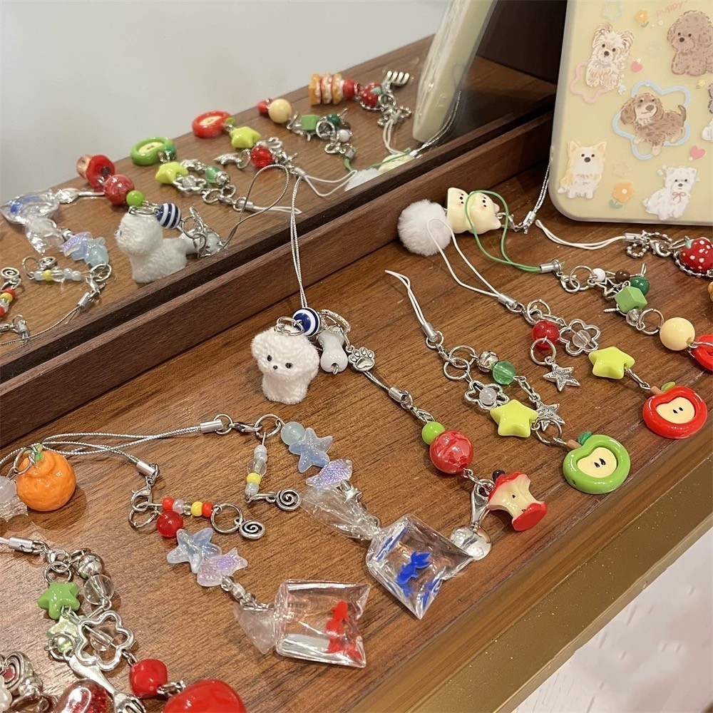 Sweet Fruit Cube Red Apple Beaded Pendant Phone Chain For iPhone ...