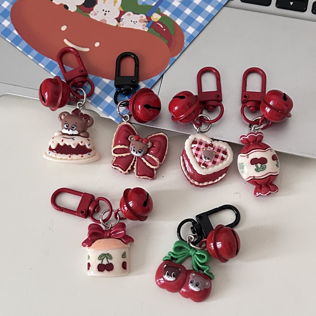 Vintage Red Cute Cake Bear Key Chains Lovely Cherry Candy Bell Pendants ...