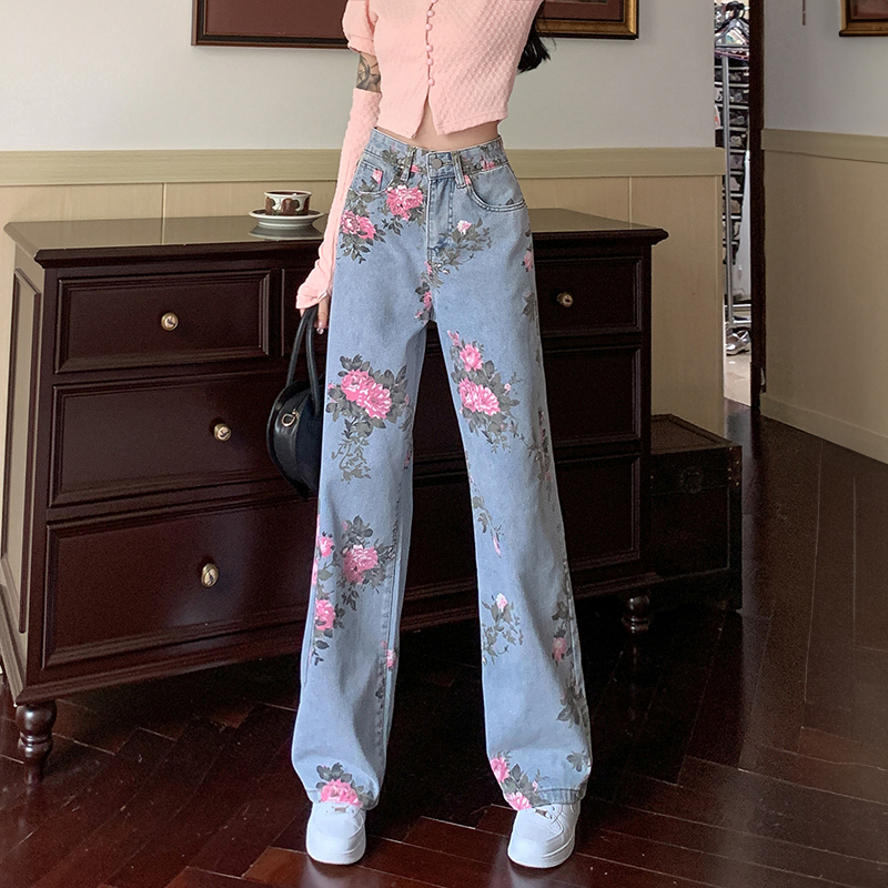 Summer High Waist Rose Print Jeans for Women Flowing Wide Leg Straight ...