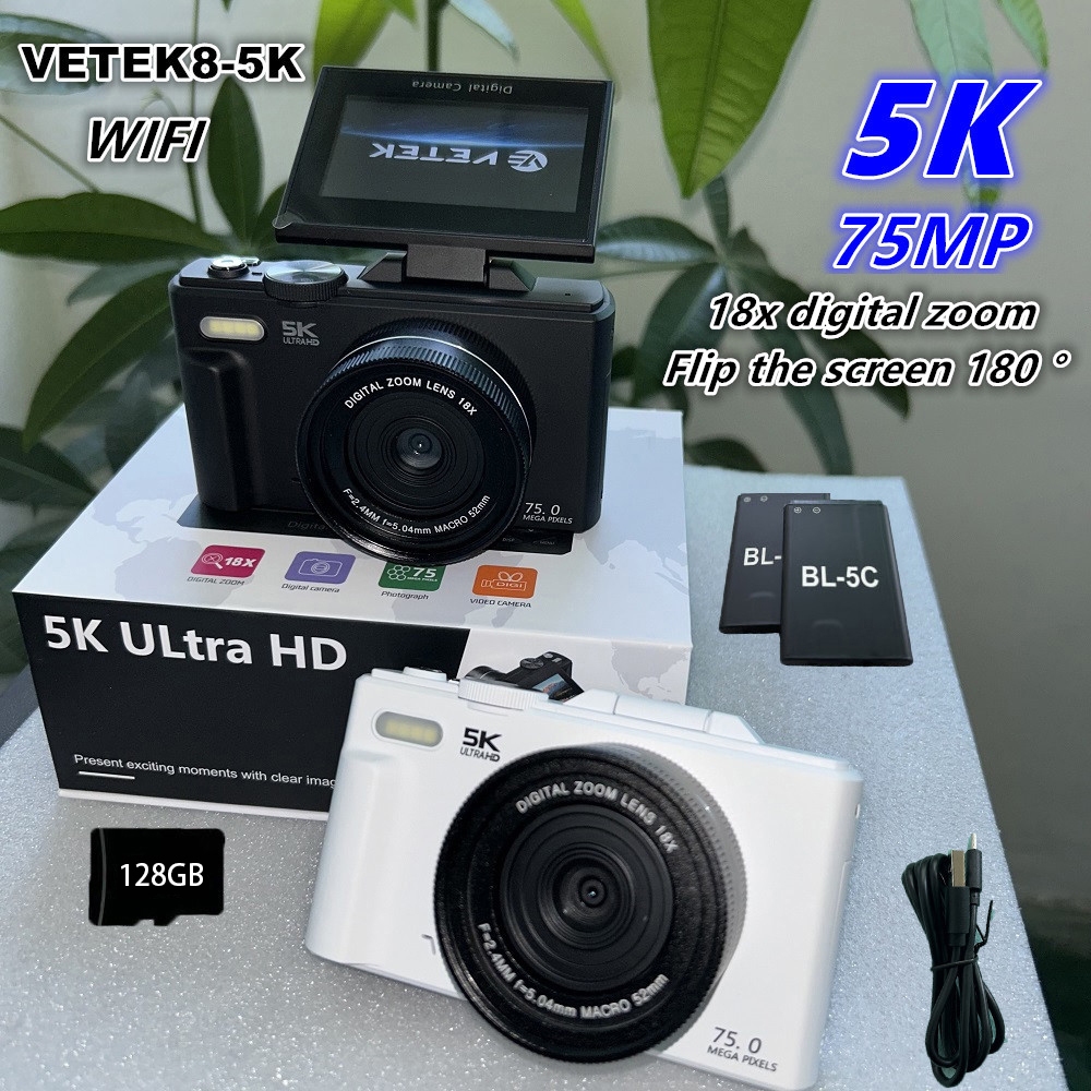 VETEK8-5K Camera 75MP Digital Camera 3.0Flip Screen 18X Digital Zoom ...