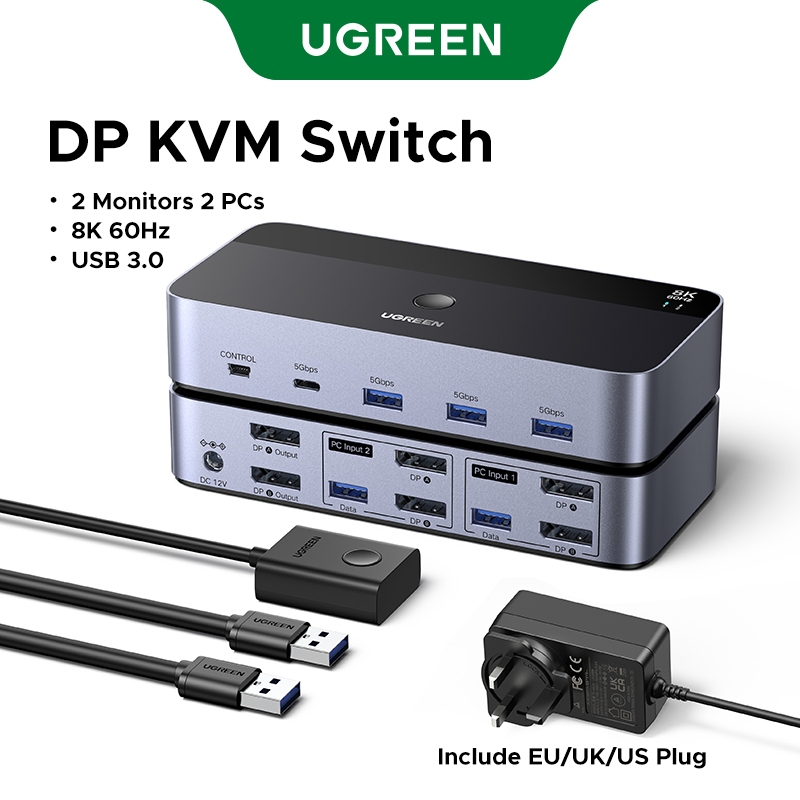 UGREEN DP KVM Switch 8K60Hz 2 Monitors 2 PCs Ultra HD Visuals USB 3.0 ...