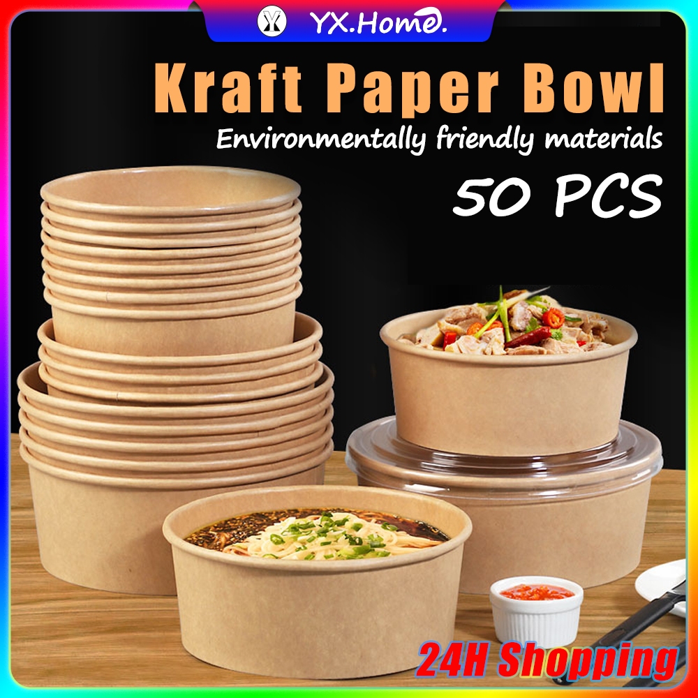 Kraft Paper Bowl 50PCS Round Disposable Bowls With Plastic Lid ...