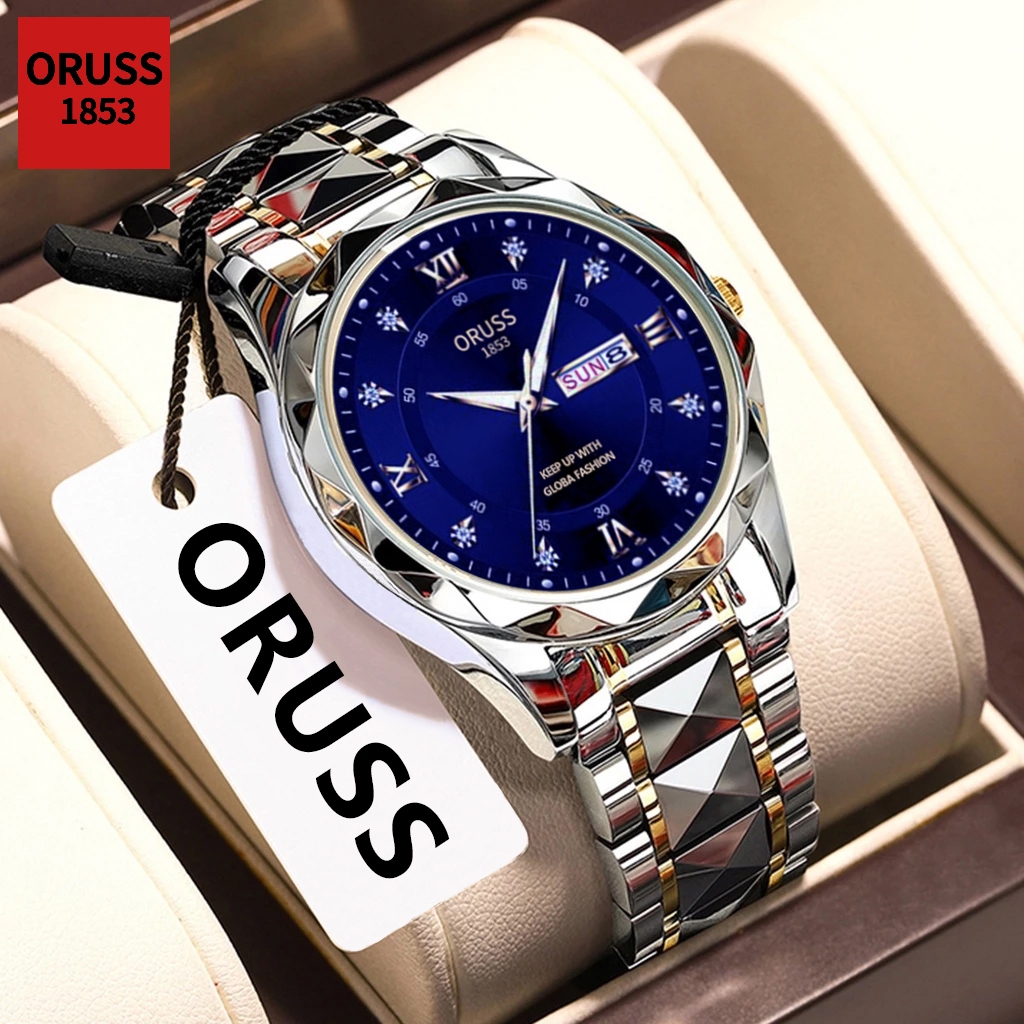 [Gift][With Box]ORUSS Original Men Luxury Stainless Steel Dual Calendar ...