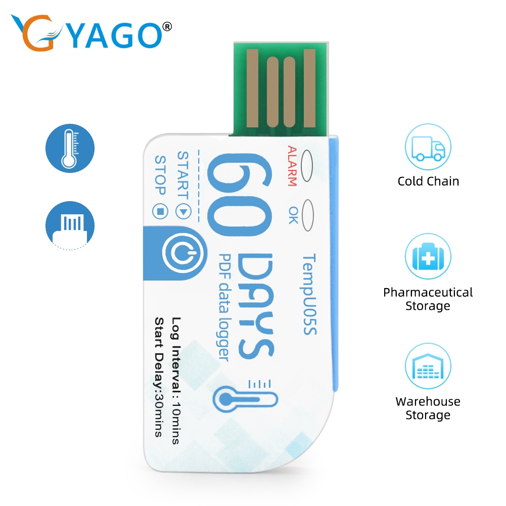 YAGO 60-Day PDF Temperature Data Logger – IP67 Waterproof, ±0.5°C Accuracy, USB Auto-Report ...