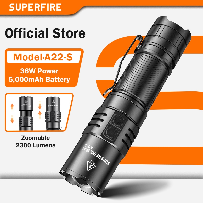 SUPERFIRE A22-S LED Flashlight 36W EDC Portable Zoomable Torch Ultra Powerful Rechargeable ...