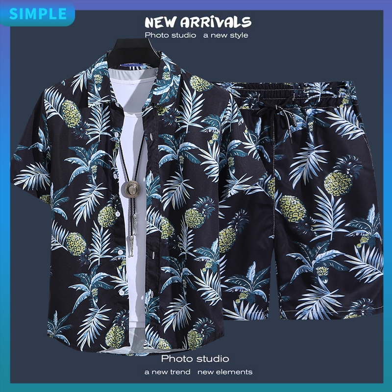 Terno Floral Pattern Casual Hawaiian Shirt+Shorts Suit Couple Summer ...