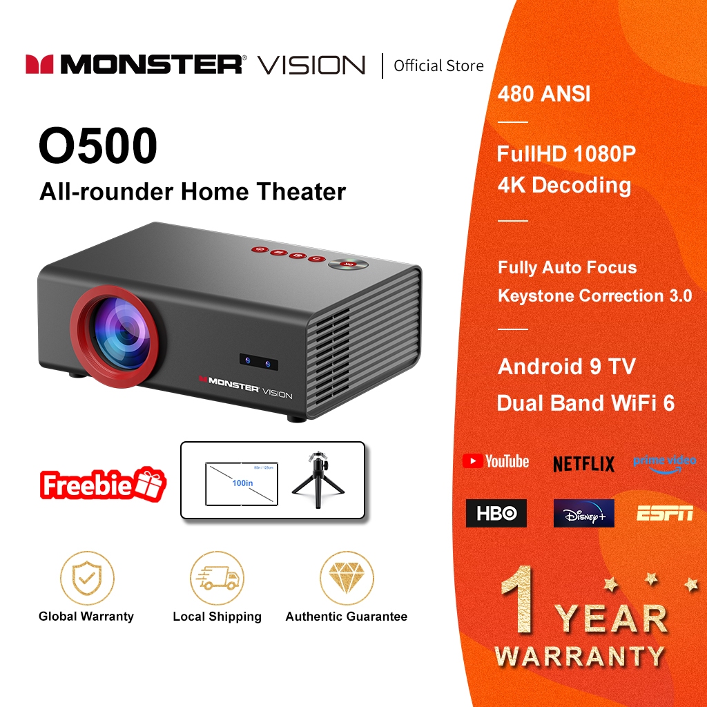 MONSTER O500 Android 1080P Full HD Projector Home Cinema 4K Decoding ...